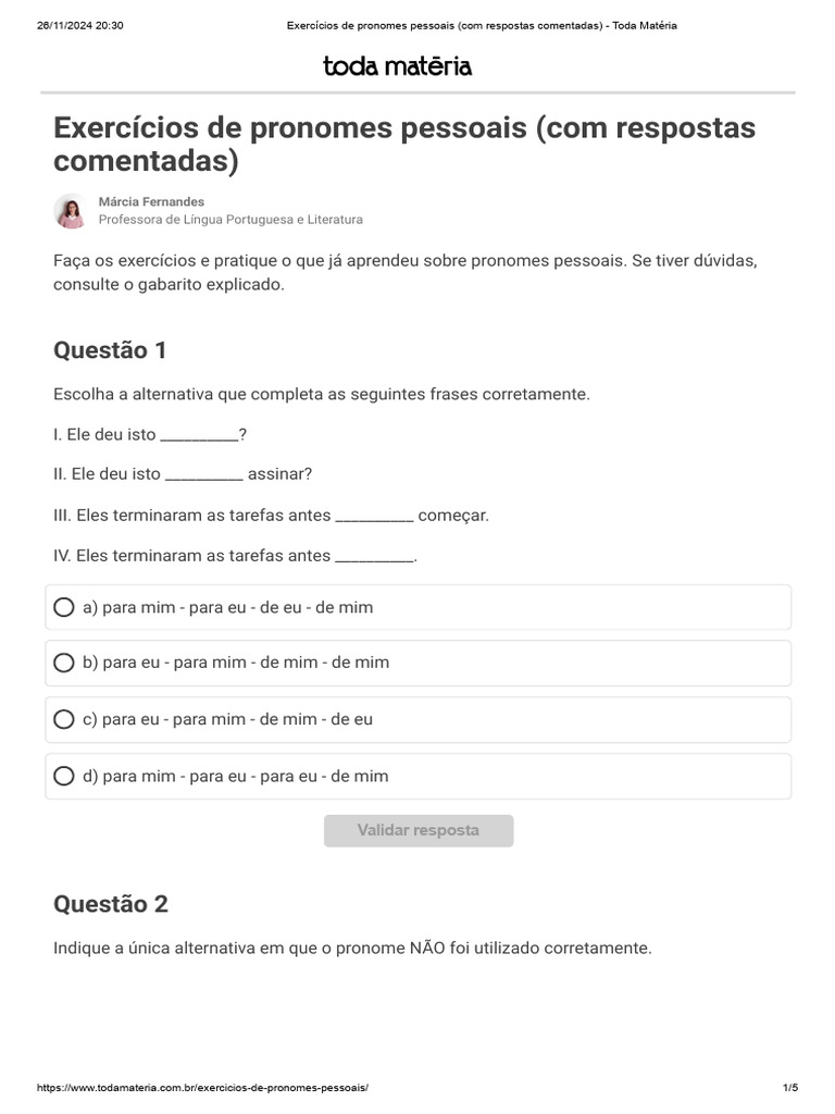 Exercícios de Pronomes Pessoais (Com Respostas Comentadas) - Toda ...