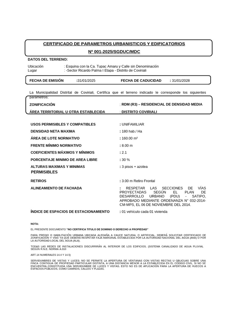 1-Certificado de Parametros Urbanisticos-01-2025 | PDF | Zonificación
