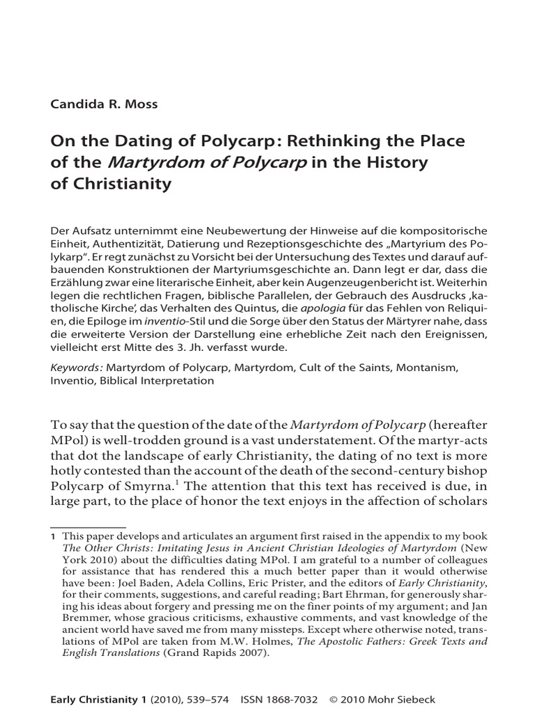 Martyrdom of Polycarp: On The Dating of Polycarp: Rethinking The Place ...