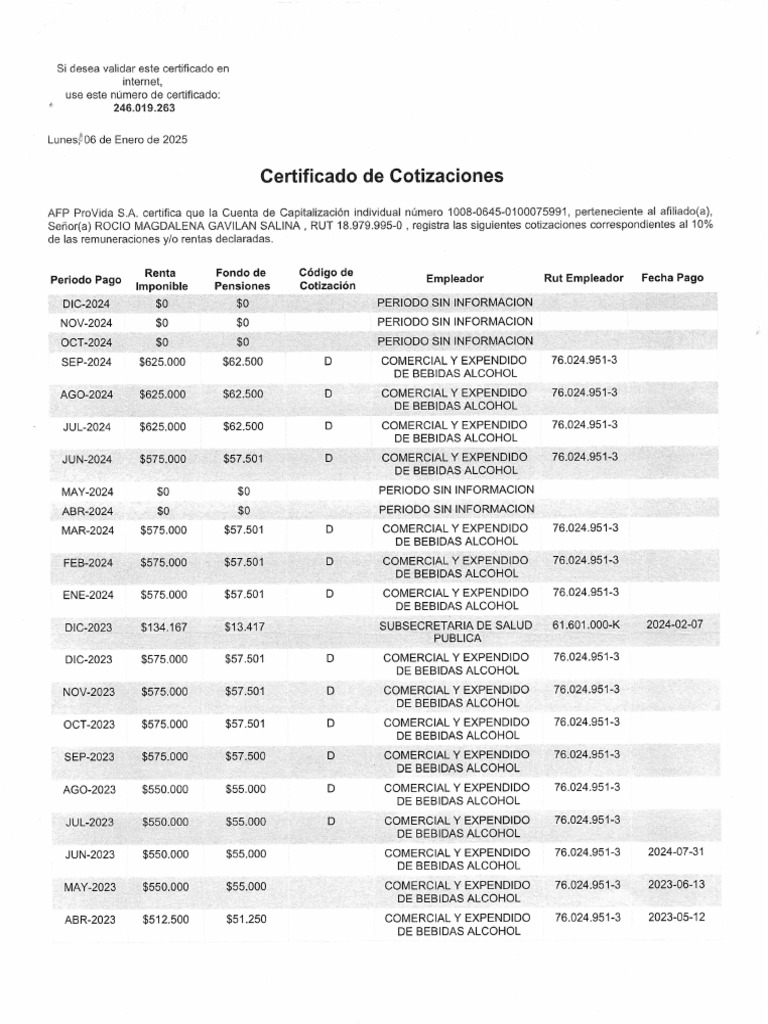 Certificado Cotizaciones Afp Provida Rocio | PDF