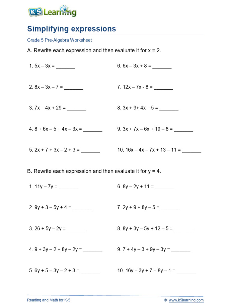 Grade 5 Simplifying Expressions Combining Like Terms C | PDF