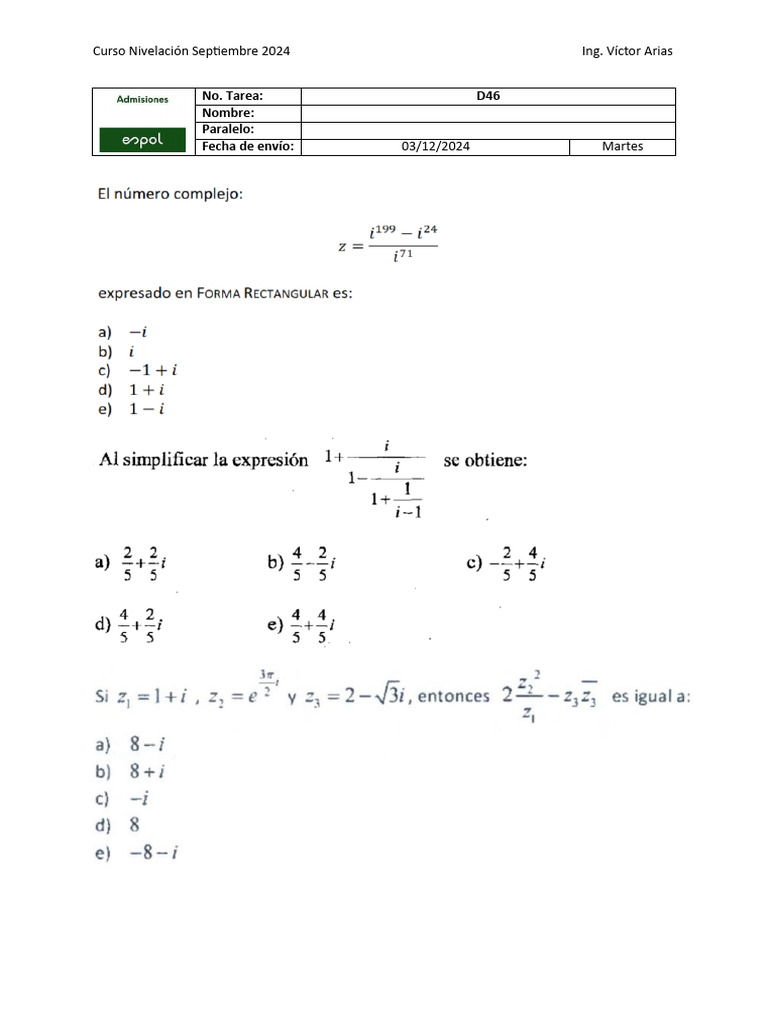 No. Tarea: D46 Nombre: Paralelo: Fecha de Envío | PDF