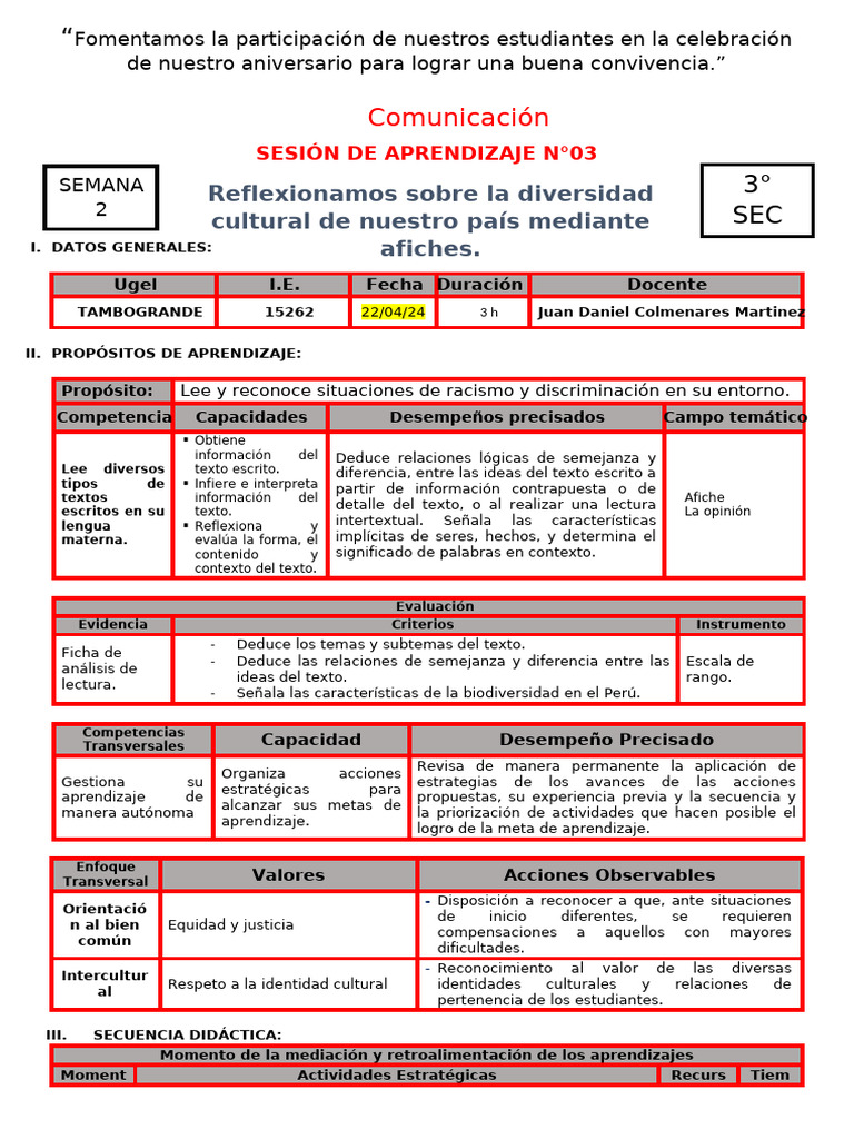3° Sesión de Aprendizaje Sesión 3-Sem.2-Exp.4-Com | PDF | Aprendizaje