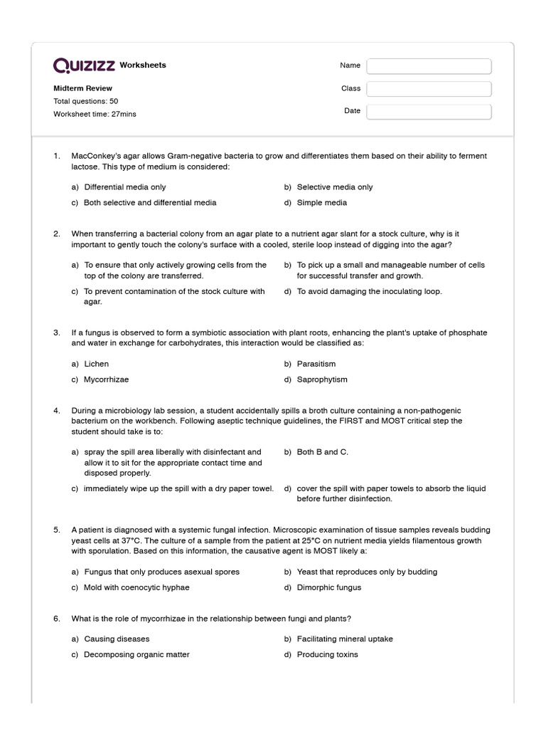 Midterm Review MC Questions | PDF | Growth Medium | Fungus
