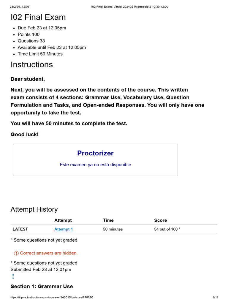 I02 Final Exam Virtual 202402 Intermedio 2 10 30-12 00 | PDF | Grammar | Linguistics