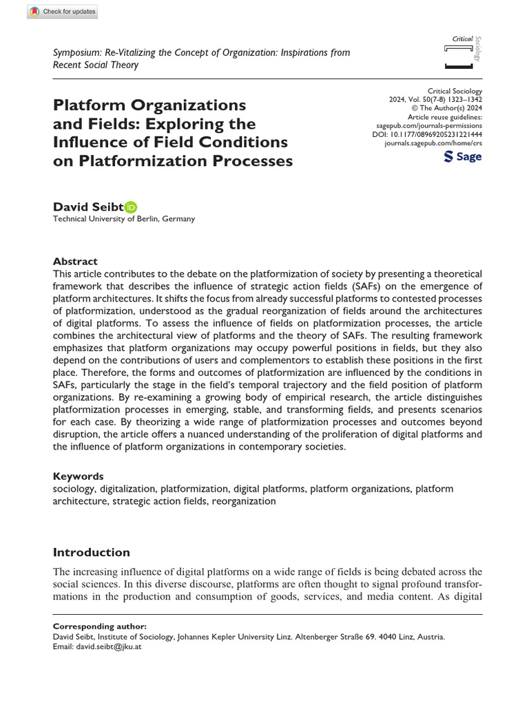 CPTLSM - PLTFRM - Platform Organizations and Fields Exploring The Influence of Field Conditions ...