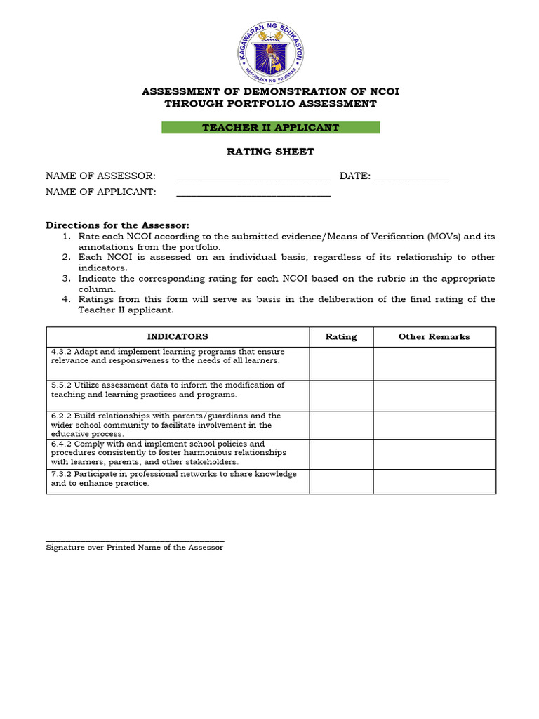 NCOI Rating Sheet Teacher II Applicant | PDF