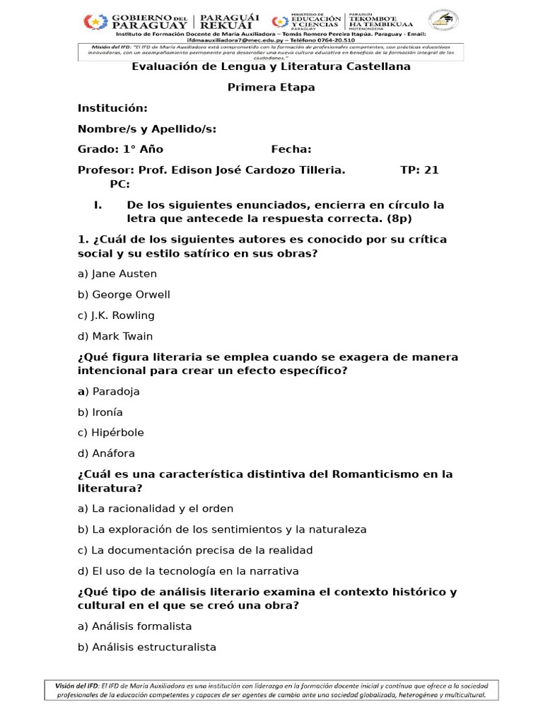 Evaluación de Lengua y Literatura 1° Año | PDF | Crítica literaria ...