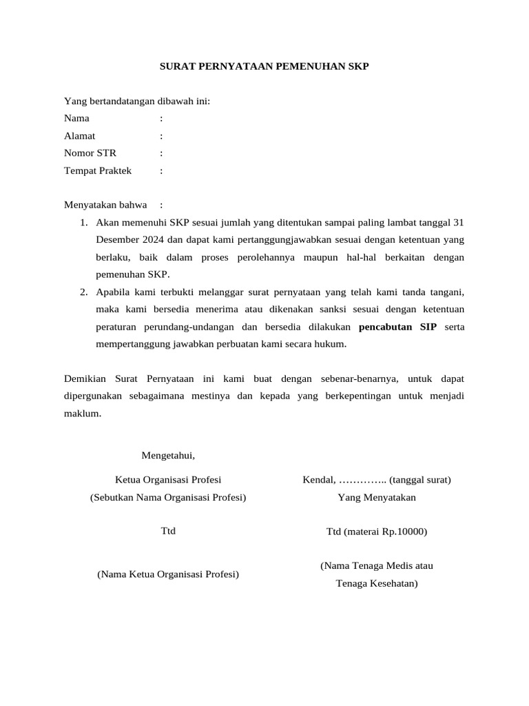 Surat Pernyataan Pemenuhan SKP Kesehatan | PDF