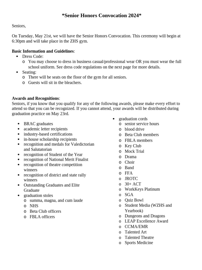 Honors Convocation Dress Code 2024 | PDF | Trousers | Clothing