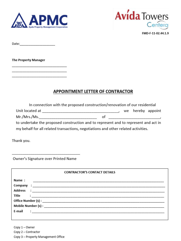 Appointment Letter of Contractor | PDF