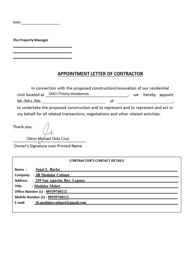 Appointment Letter of Contractor JB Modular Cabinet - 1 | PDF