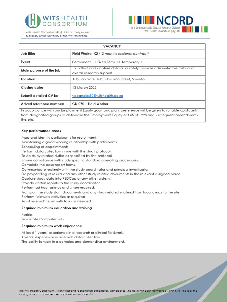 Internal Advert - Field Worker - NCDR - Mar 2025 | PDF | Employment | Business
