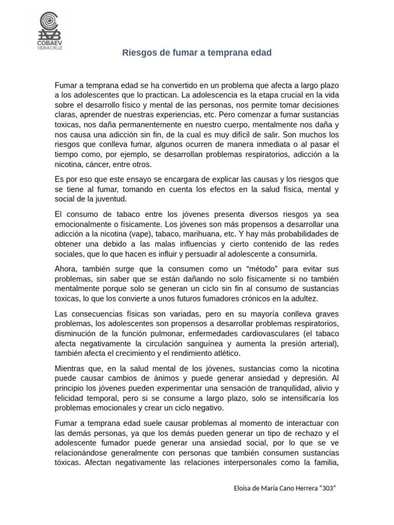 Riesgos de Fumar A Temprana Edad | PDF | De fumar | Ciencias del ...