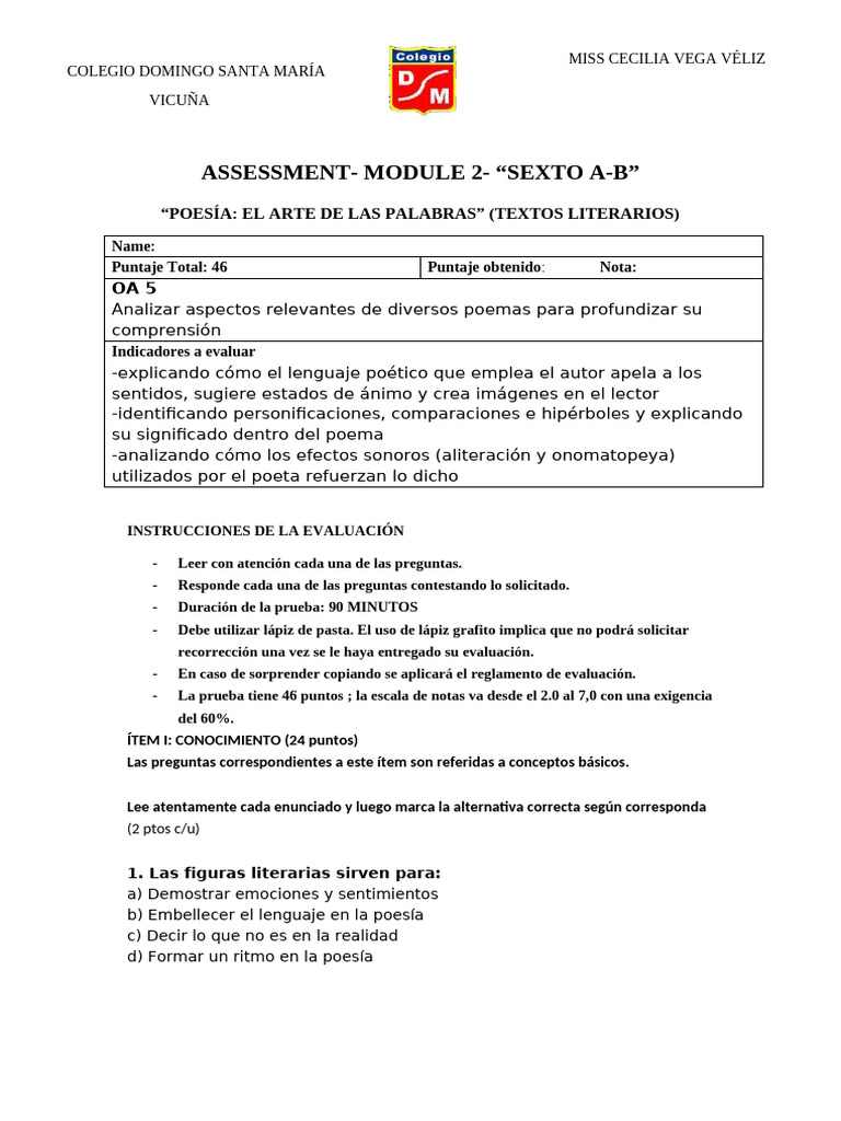 Prueba Modulo 2 Sexto | PDF | Poesía | Rima