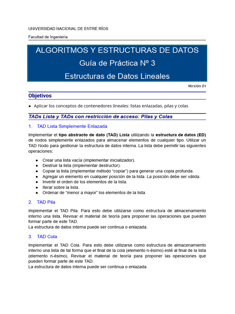 Guia Estructuras de Datos Lineales | PDF | Ingeniería de software | Matemáticas