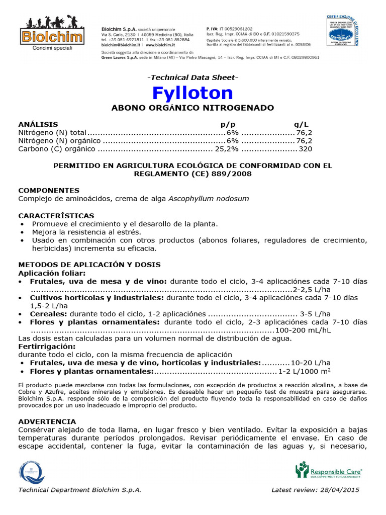 FT Fylloton - Biolchim | PDF | Fertilizante