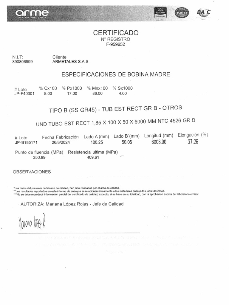 TUBO EST. RECT. 100 X 50 X 1.85mm X 6mt (JP-B 185171) 29-08-2024 | PDF