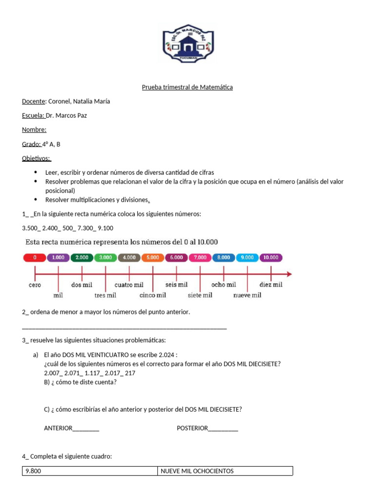 Prueba Trimestral de Matemática 4 DR MARCOS PAZ | PDF
