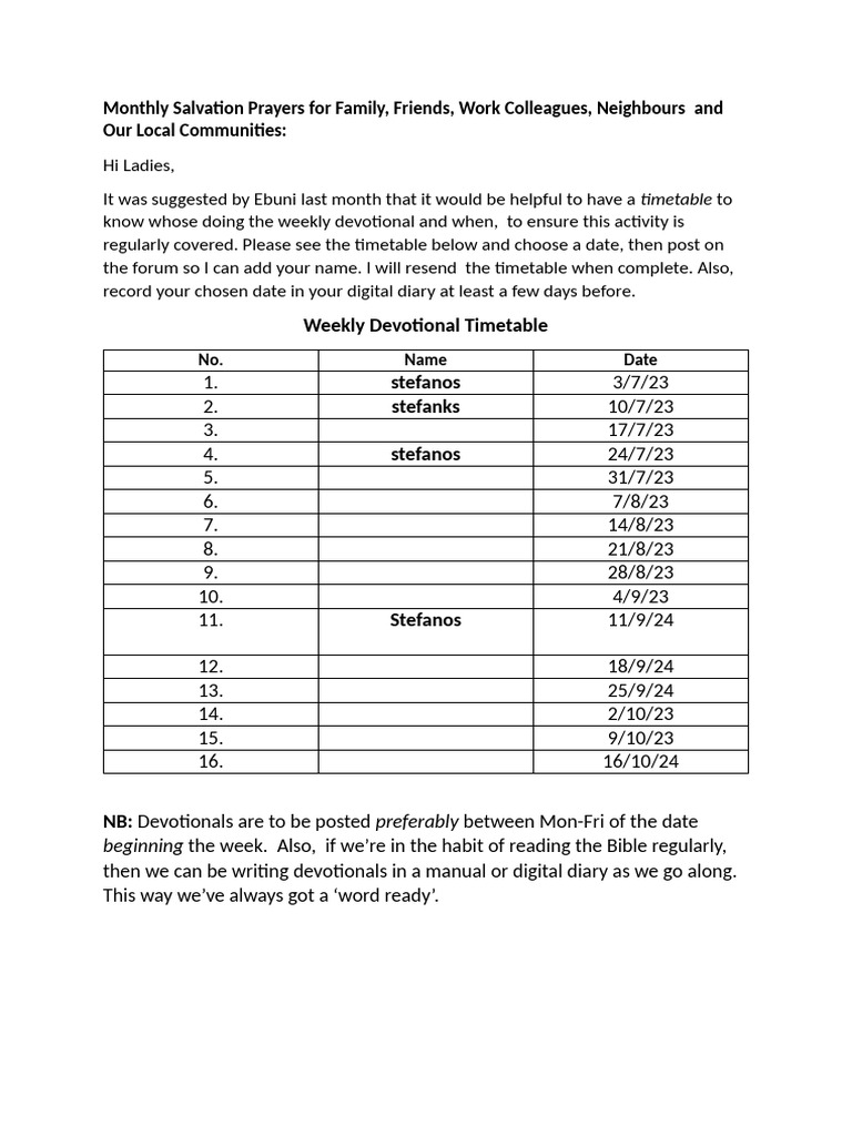Weekly Devotional Schedule Overview | PDF