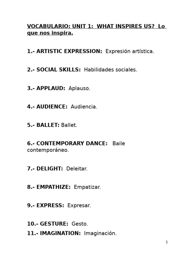 Vocabulario Inglés Primera Unidad | PDF