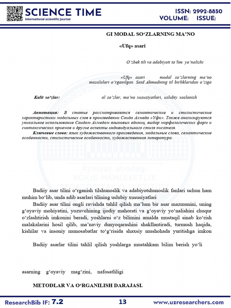 Badiiy Asar Tilidagi Modal So Zlarning Ma'No Xususiyatlari Va Uslubiy ...