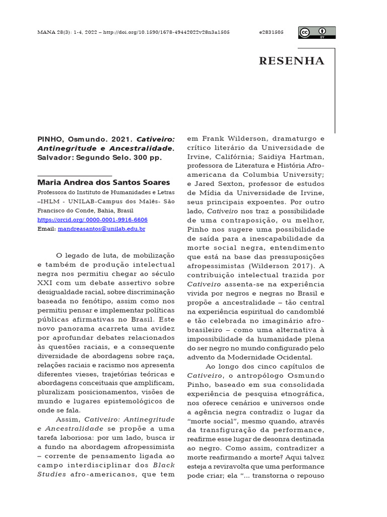 PINHO Osmundo 2021 Cativeiro Antinegritu | PDF | Ontologia | Racismo