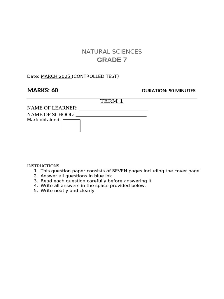 Grade 7 Natural Science Term 1 Test | PDF | Pollination | Flowers