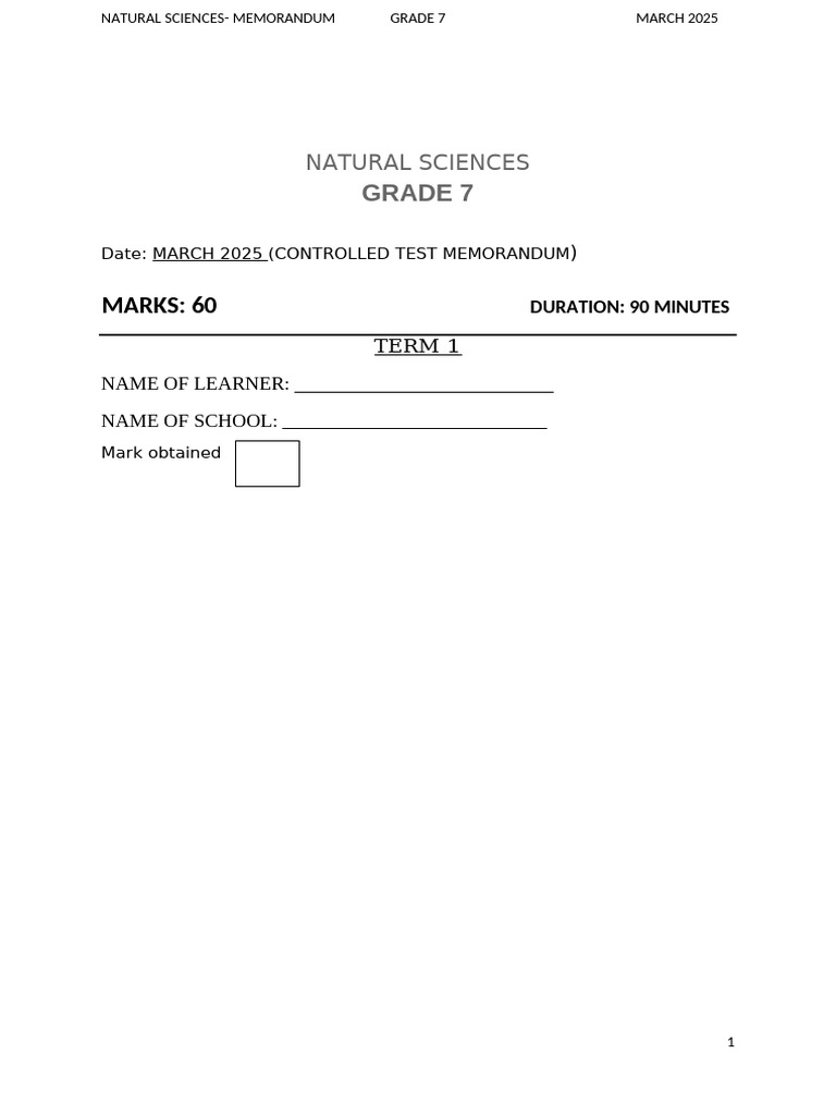 Grade 7 Natural Science Test Memo | PDF | Plants | Plant Reproduction