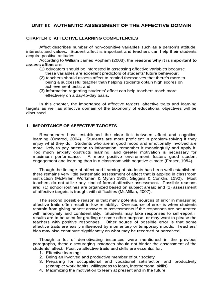 Unit III Authentic Assessment of The Affective Domain | PDF | Attitude (Psychology) | Affect ...