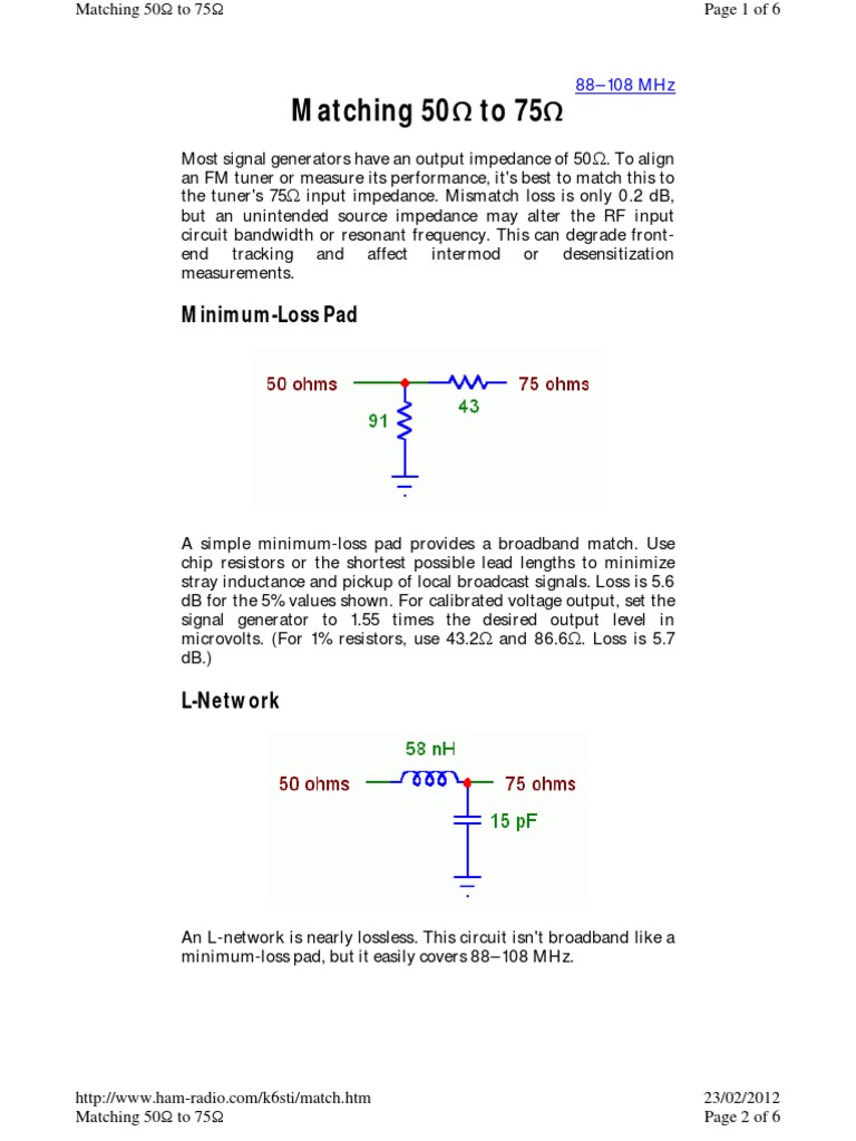 Matching 50Ω to 75Ω: Minimum-Loss Pad | PDF | Electrical Impedance ...