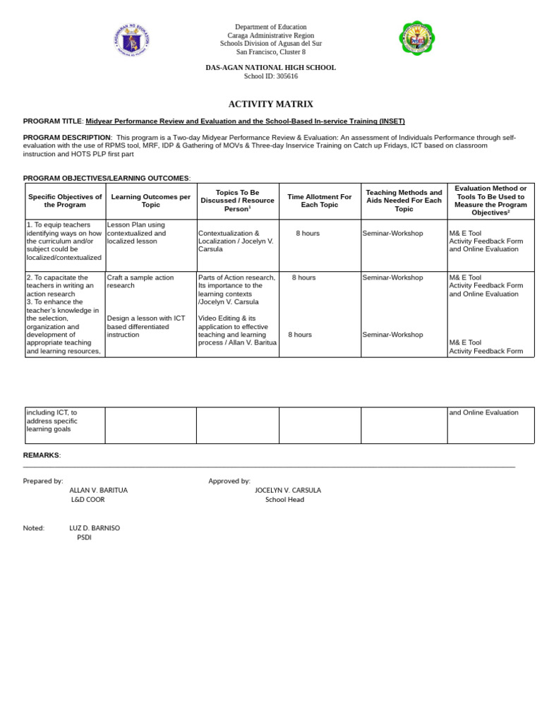 Midyear Performance Review & INSET Program | PDF | Educational Technology | Teachers