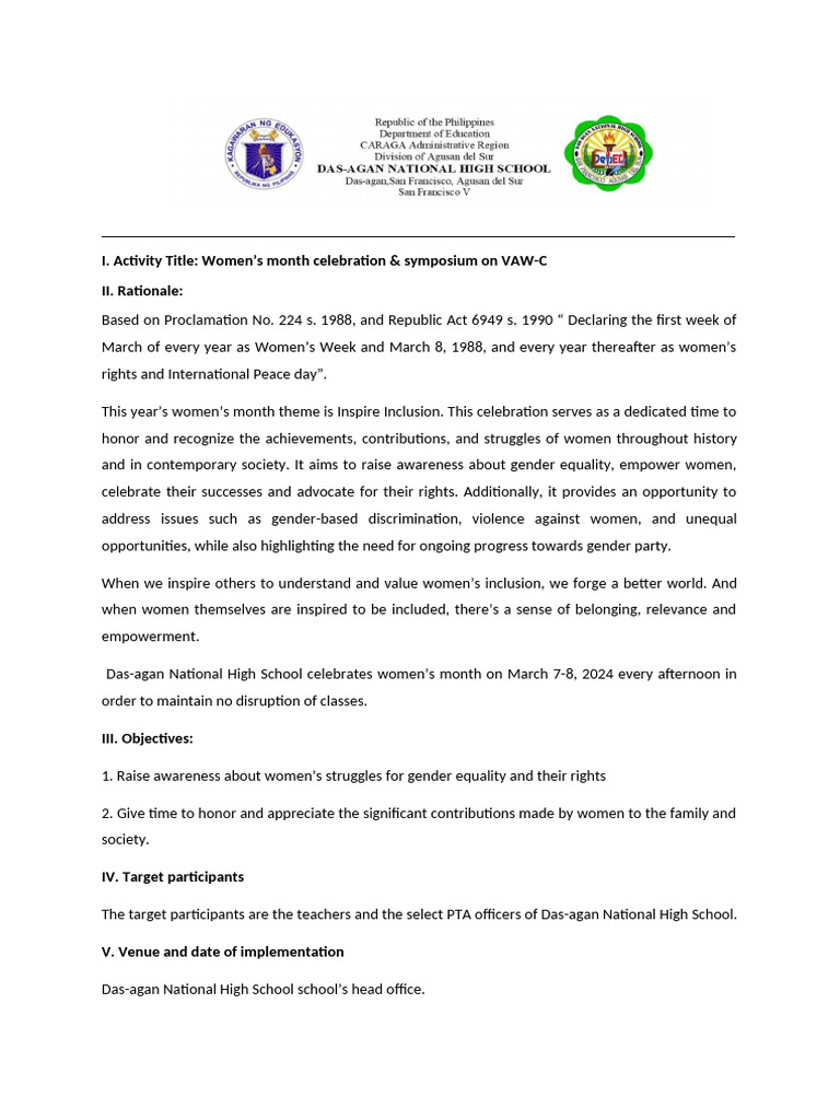 Activity Design On Women's Month Celebration & Vaw-C | PDF ...