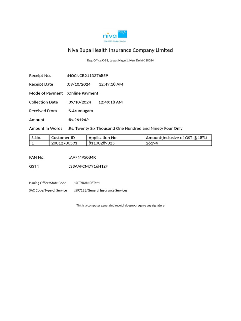 Niva Bupa Insurance Payment Receipt | PDF