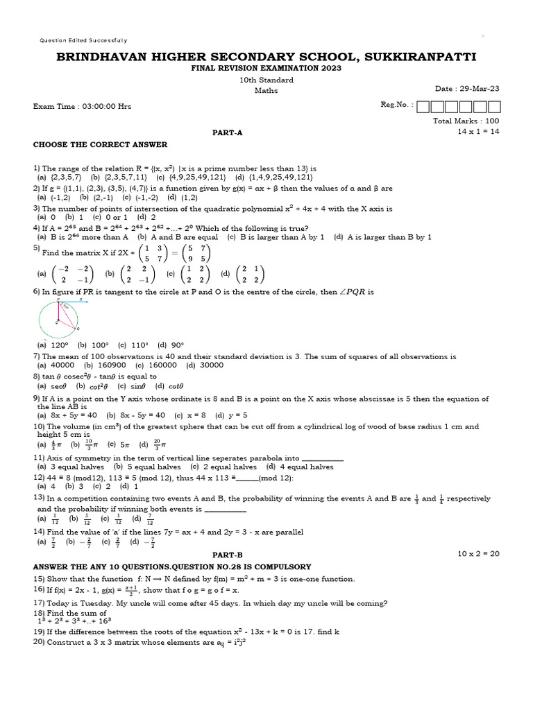 10th Maths EM Public Exam Model Question Paper English Medium PDF ...