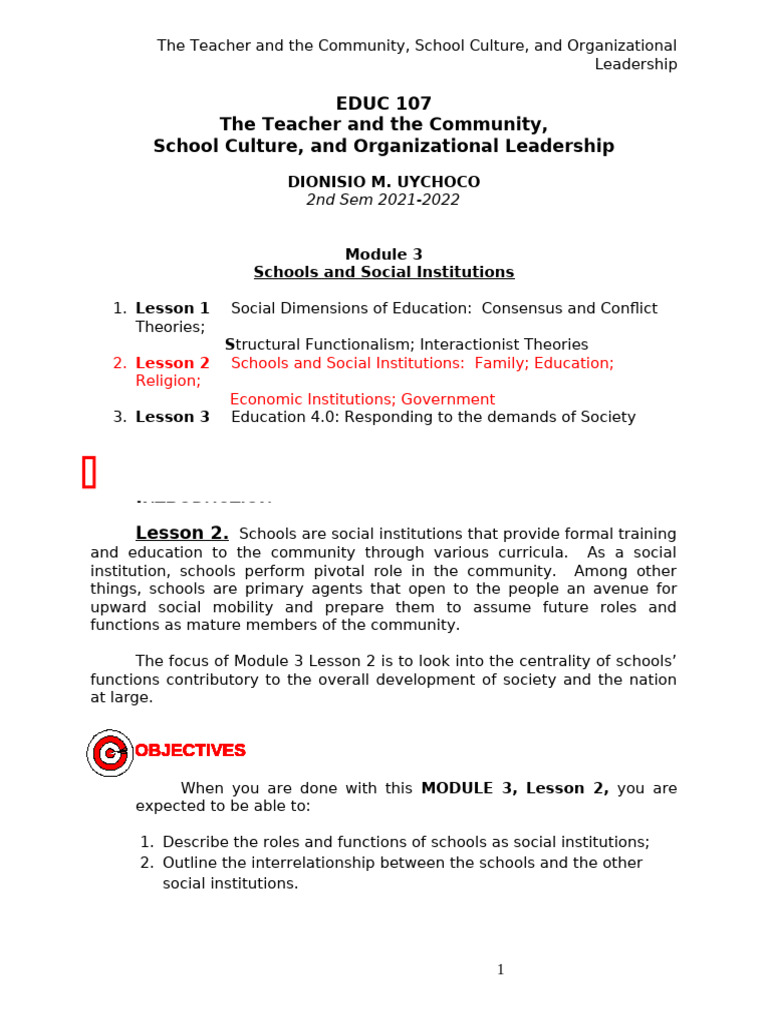 Module 3 Lesson 4 School and Social Institutions | PDF | Institution ...