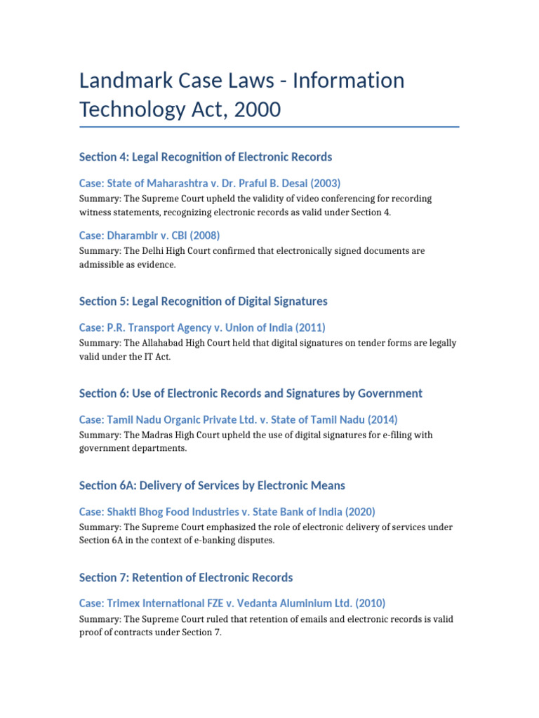 Landmark Case Laws IT Act 2000 | PDF | Supreme Court Of India | Public Law