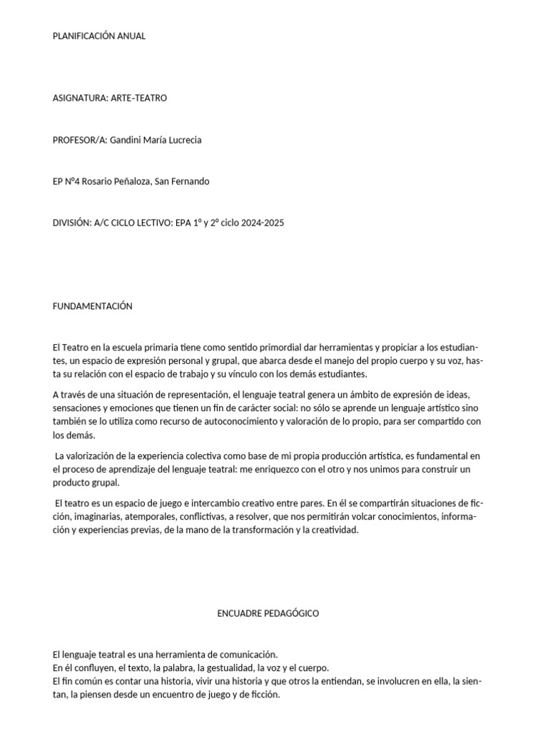 Planificación Anual de Teatro Escolar 2024-2025 | PDF | Teatro | Bailes