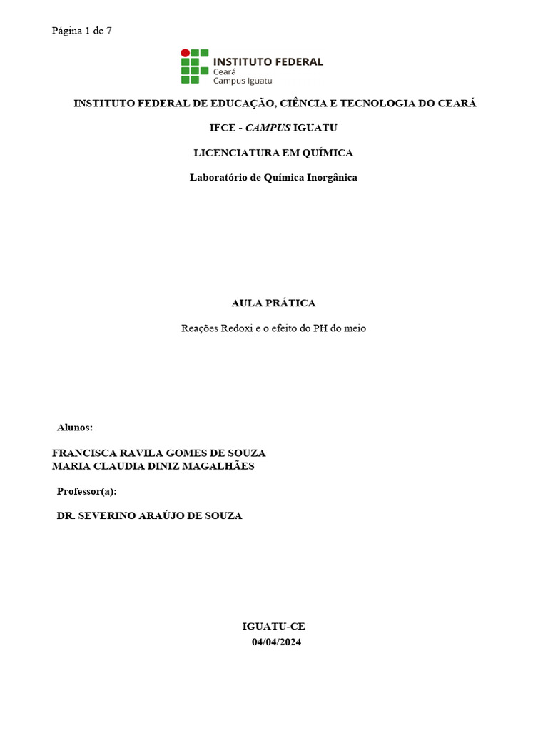 Aula Pratica - Reações Redoxi e o Efeito Do PH Do Meio | PDF | Reações ...