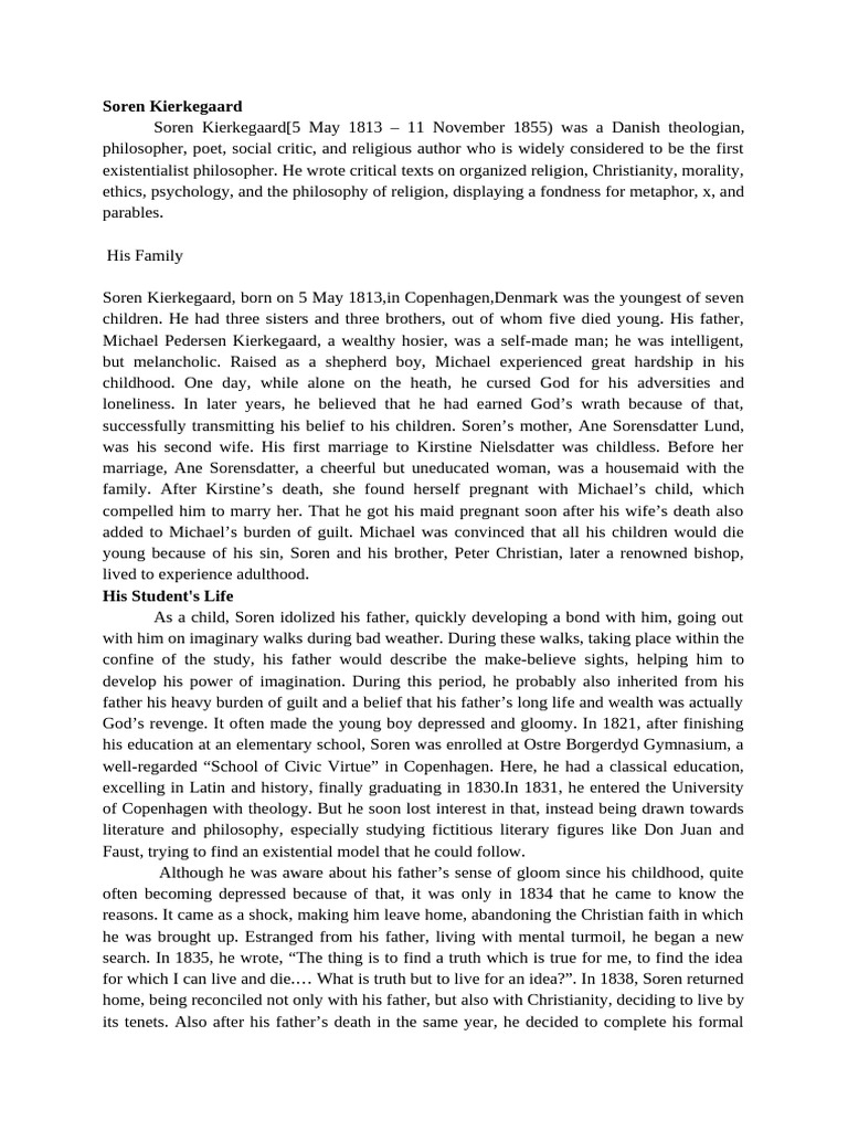 Soren Kierkegaard: Life and Philosophy | PDF | Søren Kierkegaard ...