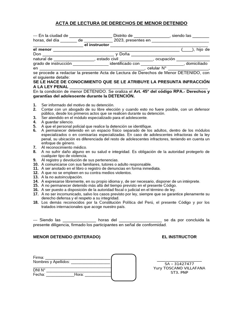 Acta De Lectura De Derechos De Menor Detenido Yury Toscano Jurispol