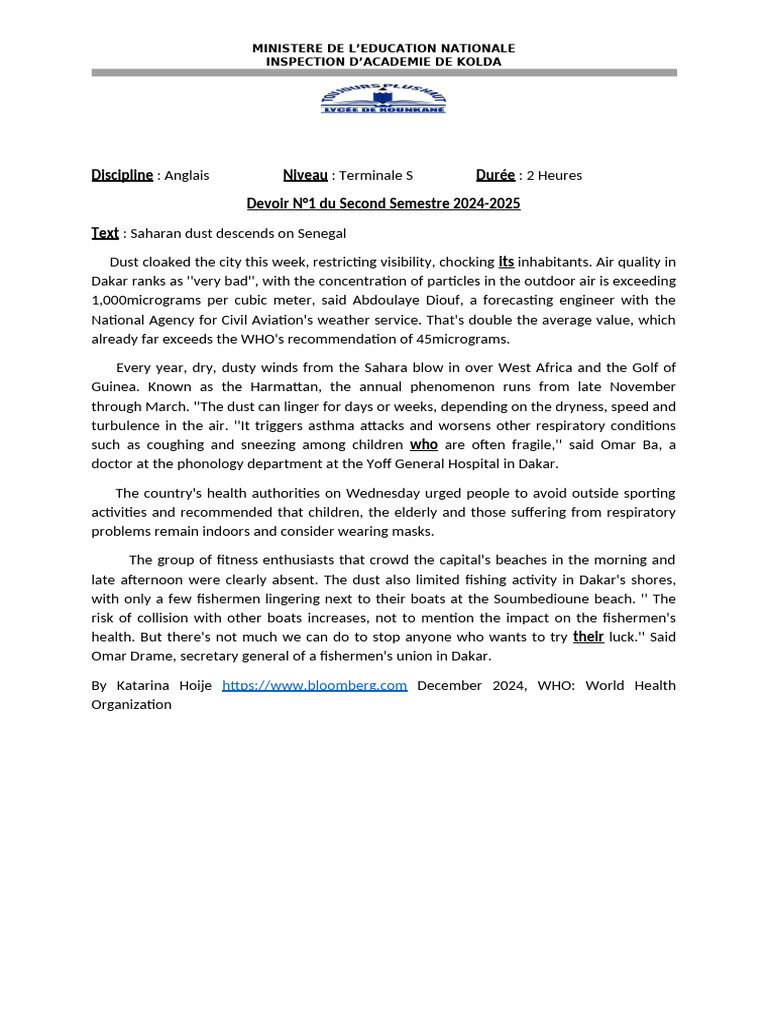 Devoir Anglais TS Du Second Semestre 2025 | PDF | Air Pollution | Dust