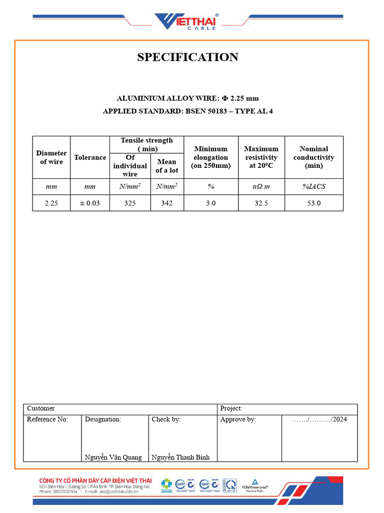 Specification Aluminium Alloy Wire 2.25mm According To BSEN 50183 ...