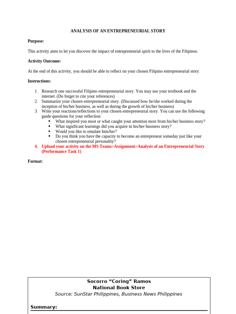 Analysis of An Entrepreneurial Story (Performance Task 1) | PDF ...