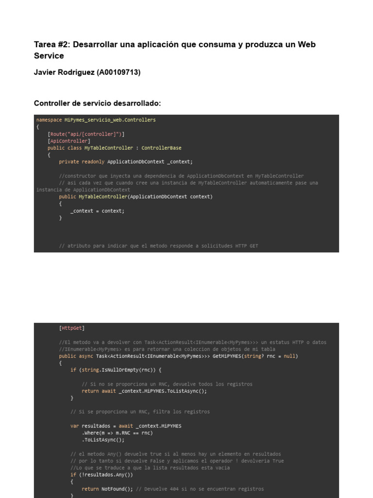 Tarea #2_ Desarrollar una aplicación que consuma y produzca un Web Service | PDF | C Sharp ...