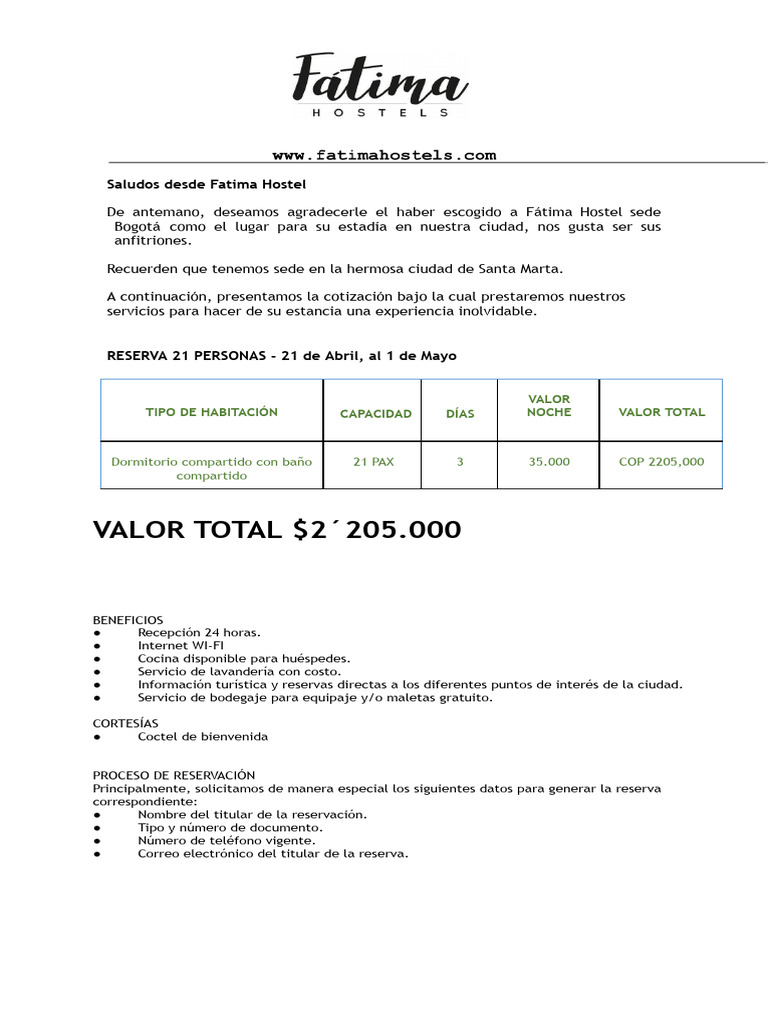 Cotización para Grupo en Fátima Hostel | PDF