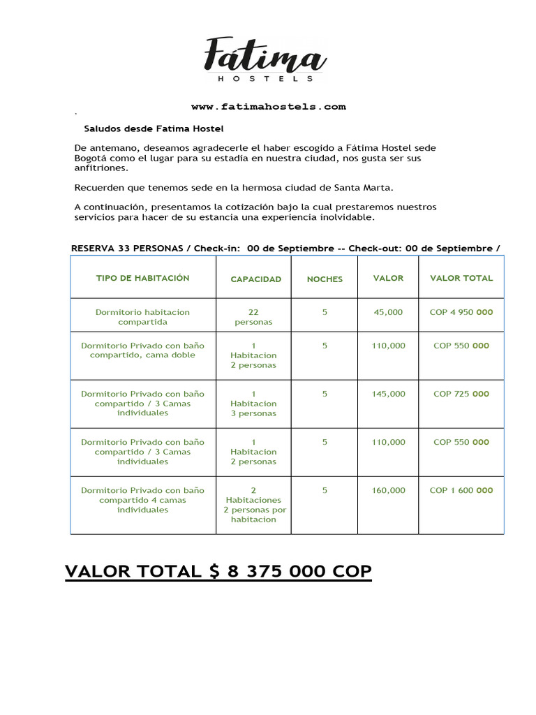 Fatima Hostel - Edwin Rojas (Cotizacion 2) | PDF | Industrias de servicio