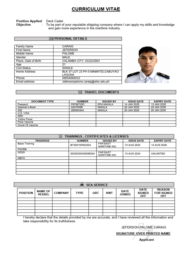 Seafarer - Resume - CARAIG | PDF | Shipping