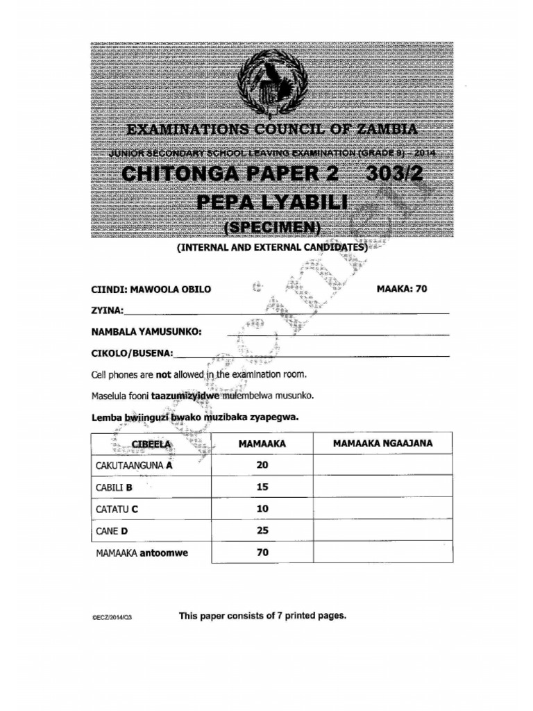 2014 Chitonga Paper 2 Past Paper | PDF