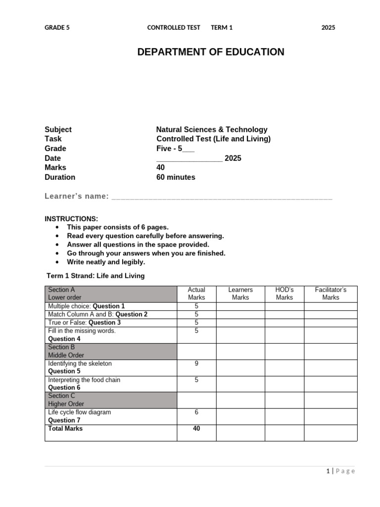 NS&TECH, Grade 5, Term 1 2025 edited | PDF | Plants | Foods
